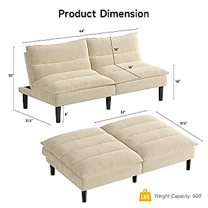 ONBRILL 64" Futon Sofa Bed, Corduroy Sofa Bed Couch with Adjustable Backrest, Convertible Loveseat Sleeper Sofa with Sturdy Wooden Legs, Comfy White Couches for Living Room, Bedroom, Office