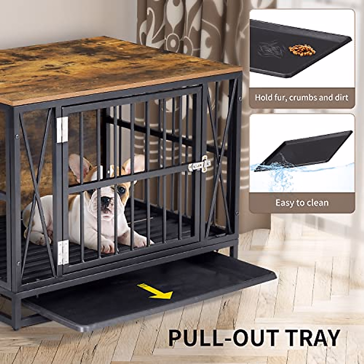 Furniture Style Dog Crate, 32" Wooden Dog Kennel with Tray and Lockable Door, Dog Cage End Table for Small & Medium Dogs, Rustic Dog Crate House Cage Indoor