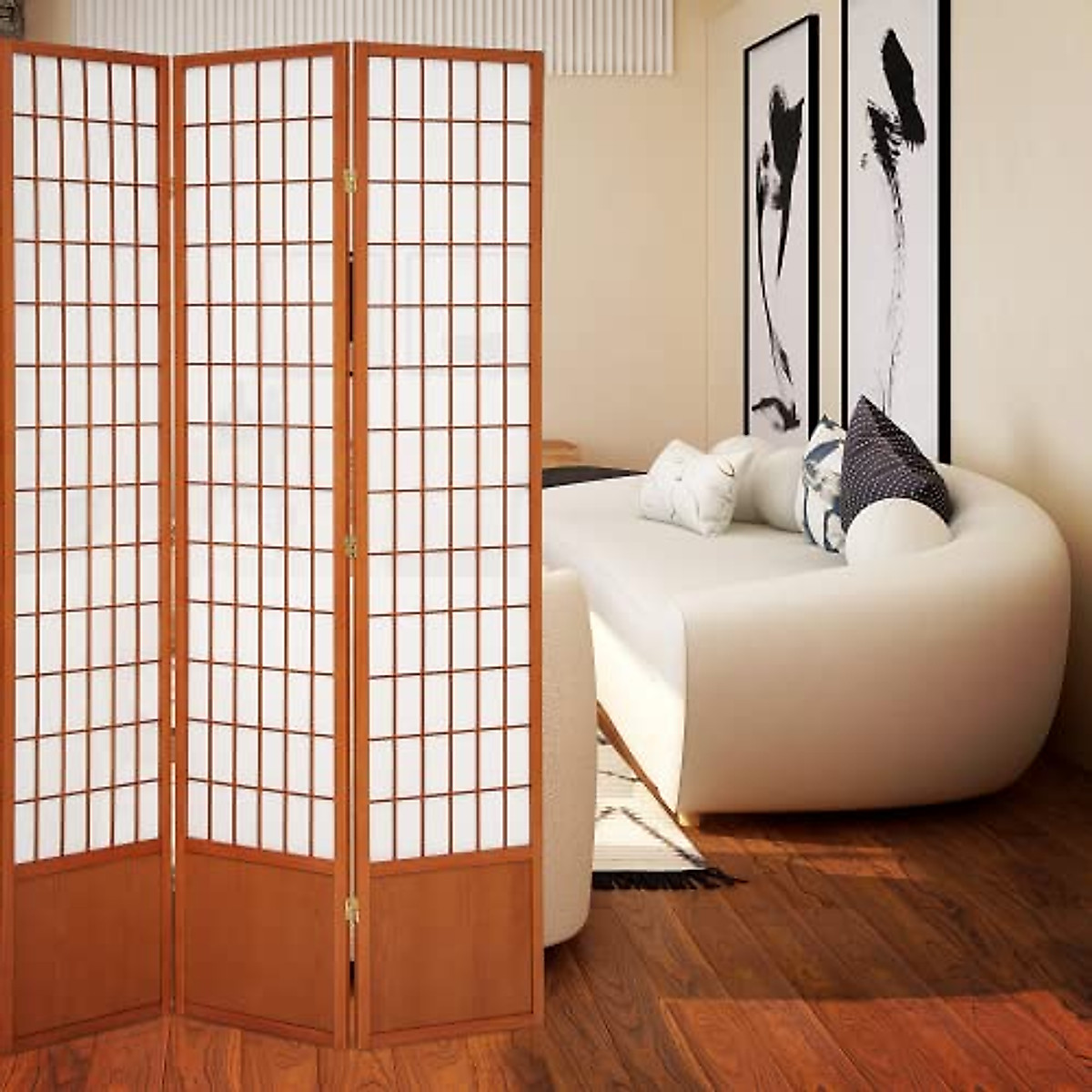 Magshion 3-Panels Room Dividers and Folding Privacy Screens 6.5ft High Oriental Small Grids Folding Screen Room Divider Separating Wall Freestanding Shoji Screen for Home Office