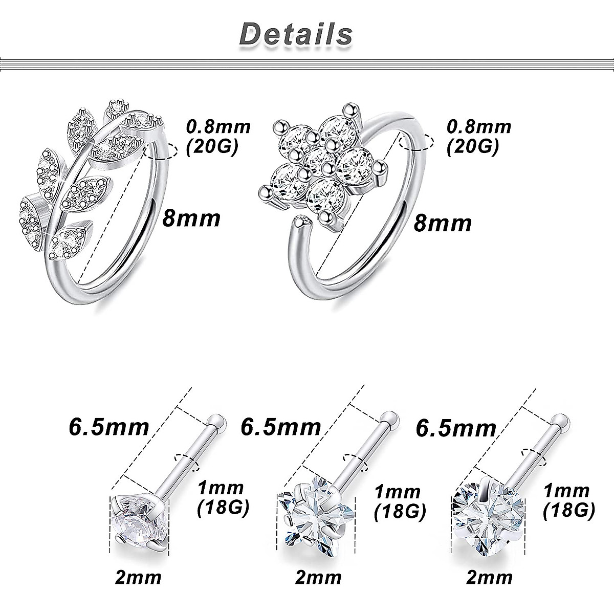 Ocptiy 18G Nose Ring hoop Stud Piercing Jewelry for Women 18Gauge Stainless Surgical Steel Hypoallergeni Silver Straight Cubic Zirconia Nose Nostril Ring Pin Bone Stud Piercing Hoop Jewelry Women Men