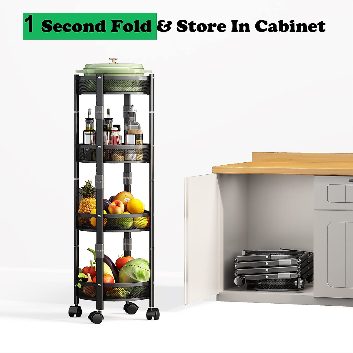 Collapsible Rolling Cart, 4-Tier Metal Storage Utility Cart for Kitchen Home Office Outdoor, Black