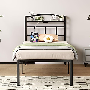 SHOANED 18 Inch Metal Bed Frame - Twin Size Black Heavy Duty Bedframe Platform Basic Mattress Foundation with Headboard & Charging Station No Box Spring Needed/Easy Assembly/Noise-Free