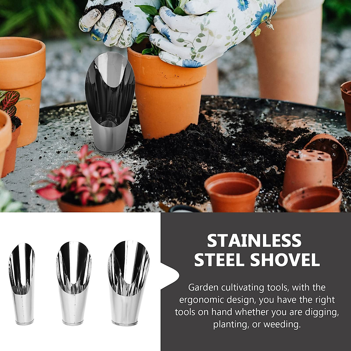 3pcs Soil Shovel Cups Bonsai Soil Scoops Stainless Steel Garden Shovels Small Soil Scoops Gardening Hand Tools Silver