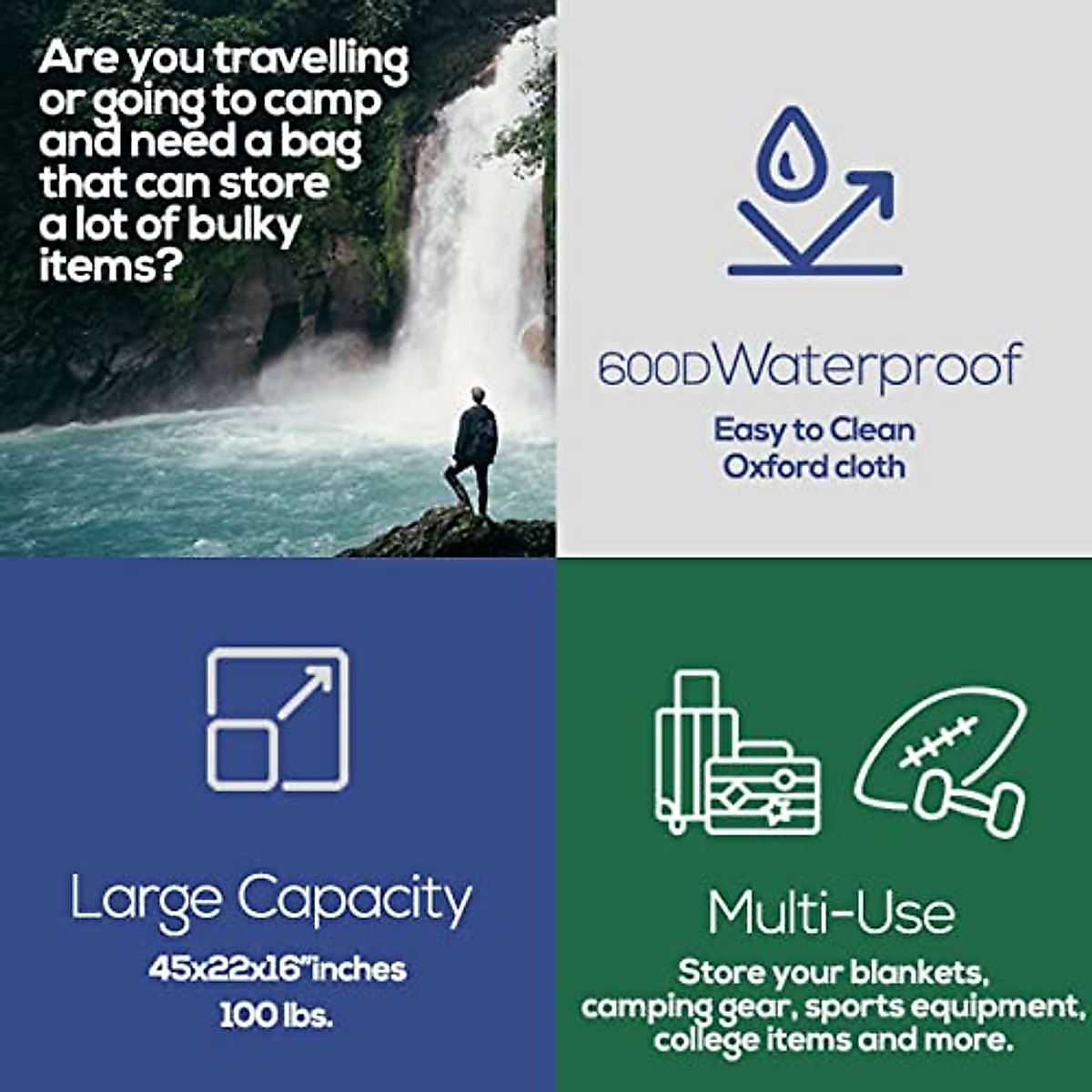 Large Blue Duffel Storage Bag - Premium-Quality Heavy Duty 600D Polyester Oxford Cloth with Handles and Reinforced Seams - 42" x 16" x 20" Inches (110 x 40 x 52 Centimeters)