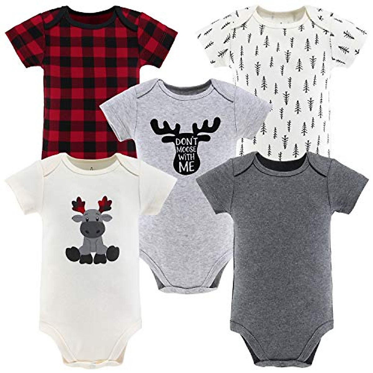 The Peanutshell Short Sleeve Baby Bodysuits Set for Boys or Girls - Woodland Animal & Buffalo Plaid - 5 Pack Set (18M)