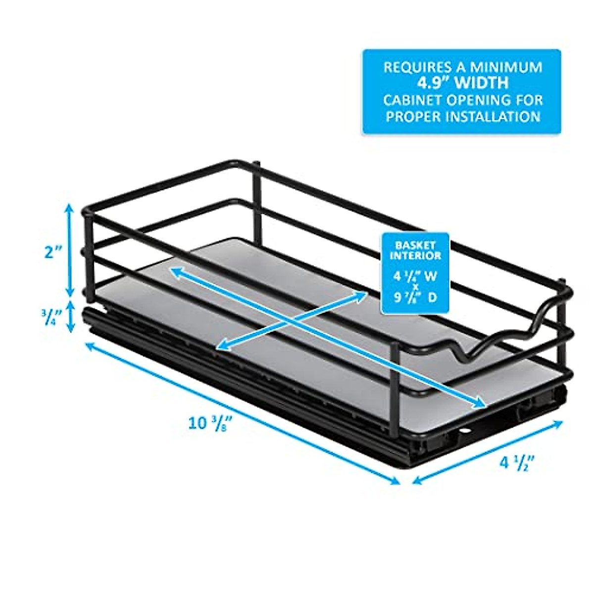 Pull Out Cabinet Organizer for Spices, Cans - Heavy Duty with Lifetime Limited Warranty- Pull Out Spice Rack- Cabinet Pull Out Shelf for Cans,Dishes, Etc, 4-1/2"W x 10-1/2"D x 2-3/4”H, Black