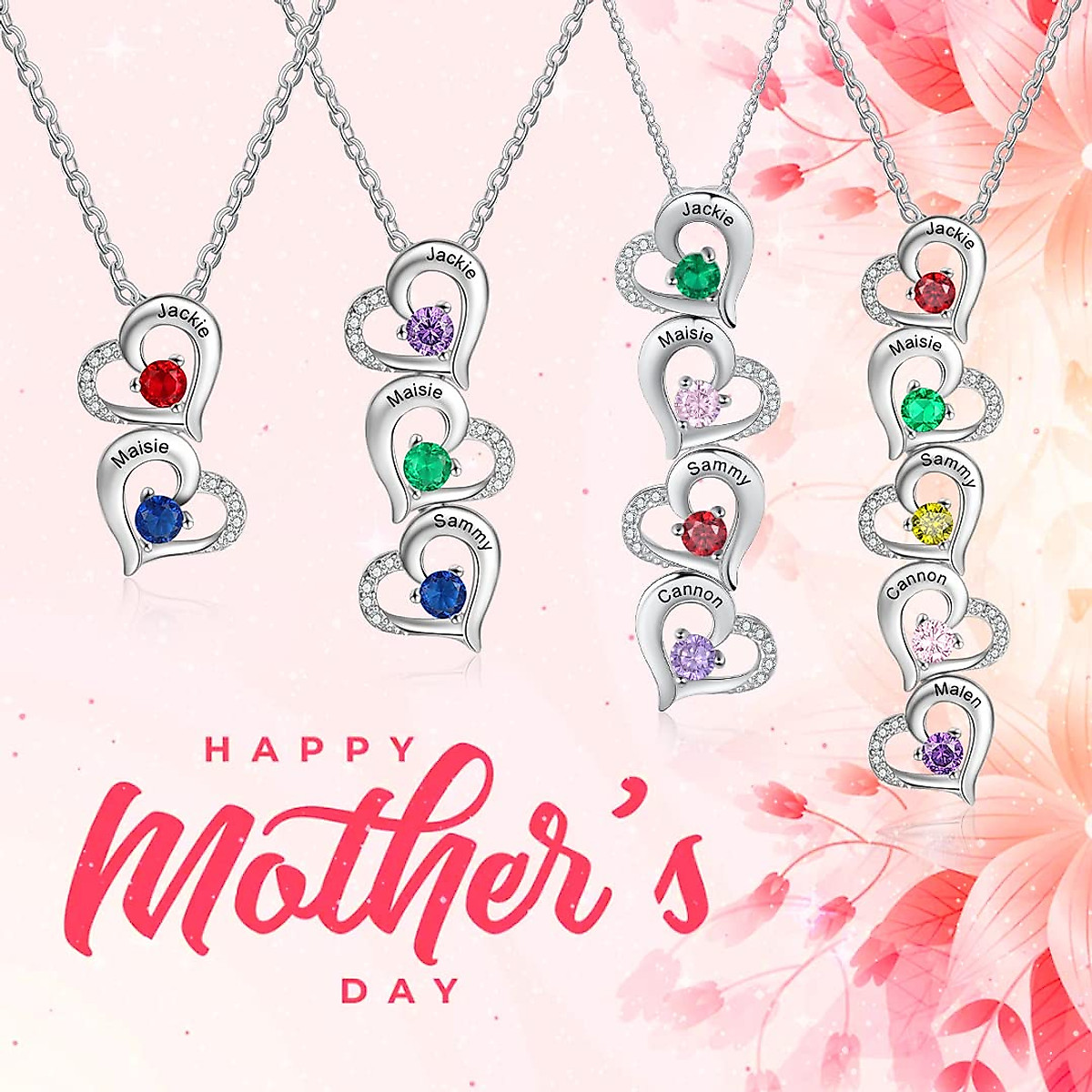 ALBERTBAND Christmas Gifts for Mom Personalized Heart Necklaces for Mother 3 Birthstone Necklaces for Women Mom Necklace Custom 3 Name Necklace Gifts for Grandmother