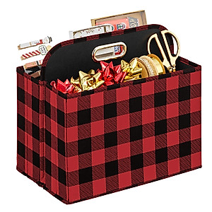 mDesign Holiday Storage Box for Gift Wrapping and Bows with Compartments and Handle - Christmas Organizer Tote for Ribbons - Divided Container for Crafts and Stationary - Buffalo Plaid, Red/Black