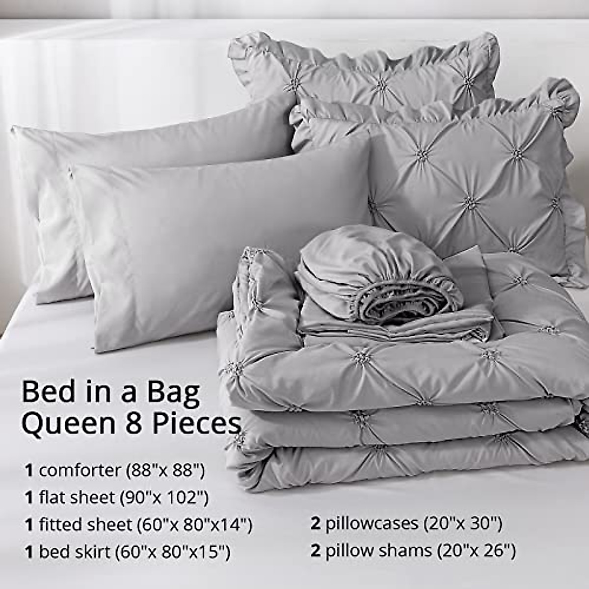 JOLLYVOGUE Queen Comforter Set 8 Pieces, Pintuck Gray Bed in a Bag Comforter Set for Bedroom, Beddding Sets with Comforter, Sheets, Bed Skirt, Ruffled Shams & Pillowcases