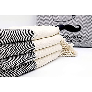 Turkish Hand Towel Set of 4 Herringbone Peshtemal Towel 100% Cotton 45x20" Light Weight Thin Quick Dry Hand Bath Hair Gym Face Tea Kitchen Set Farm House Decor Decorative Bathroom Towel (Black)