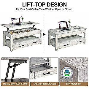 FABATO 41.7'' Lift Top Coffee Table with Hidden Compartment for Living Room, Mid-Century Cocktail Table with 2 Storage Drawers Wood Tea Center Table for Home Office, Gray