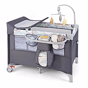 BABY JOY 5-in-1 Pack and Play, Portable Baby Bedside Sleeper with Bassinet, U-Shaped Diaper Changer, Safety Strap, Side Zipper Entrance, Hangings, Bedside Crib Playard from Newborn to Toddlers (Gray)