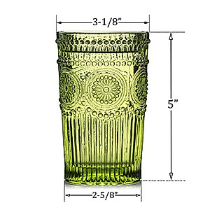 Kingrol 6 Pack 12 oz Vintage Drinking Glasses, Embossed Romantic Water Glassware, Glass Tumbler Set for Juice, Beverages, Beer, Cocktail (Green)