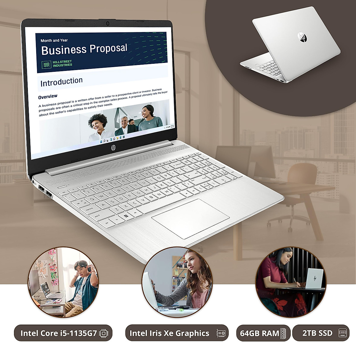 HP 15.6'' FHD Everyday Laptop, Intel Core i5-1135G7, 64GB RAM, 2TB PCIe SSD, Intel Iris Xe Graphics, Wi-Fi 5, Ture Vision HD Camera, Full-size Keyboard, Windows 11 Home, Silver, 32GB USB Card