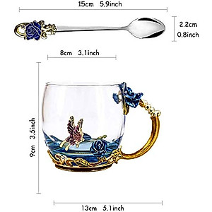 Tea Mug,Coffee Spoons,Glass Tea Cups,Coffee Cups Glass,Glass Mugs with Handles,Tea Lovers Gifts for Women,Butterfly Gifts for Women,Tea Sets for Women, Gift Ideas for Women. (Dwarf Blue Rose Tea Cup)