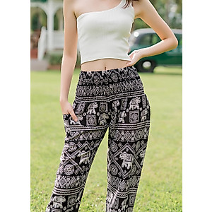 Banjamath® Women's Smocked Waist Harem Hippie Boho Yoga Palazzo Casual Pants (S,Elephant Black)