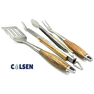 COLSEN Heavy Duty 3-Piece BBQ Grilling Tool Set, Stainless Steel Tongs, Spatula, & Fork, Kitchen Utensils Set, Camping Accessories, Brown