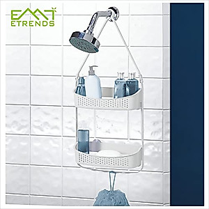 EMT ETRENDS Plastic Shower Caddy over Shower Head/Door,Hanging Shower Caddy, 2 in 1 Adjustable Shower Organizer,Rust Resistant No Drilling Anti-Swing Shelf for Bathware (4 suction cup, White)