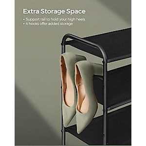 SONGMICS Shoe Rack, 2 Tier Shoe Organizer, Fabric Shoe Shelf Storage with 4 Hooks, Holds up to 12 Pairs of Shoes, Height-Adjustable Shoe Rack for Entryway, Hallway, Closet, Easy Assembly, Ink Black