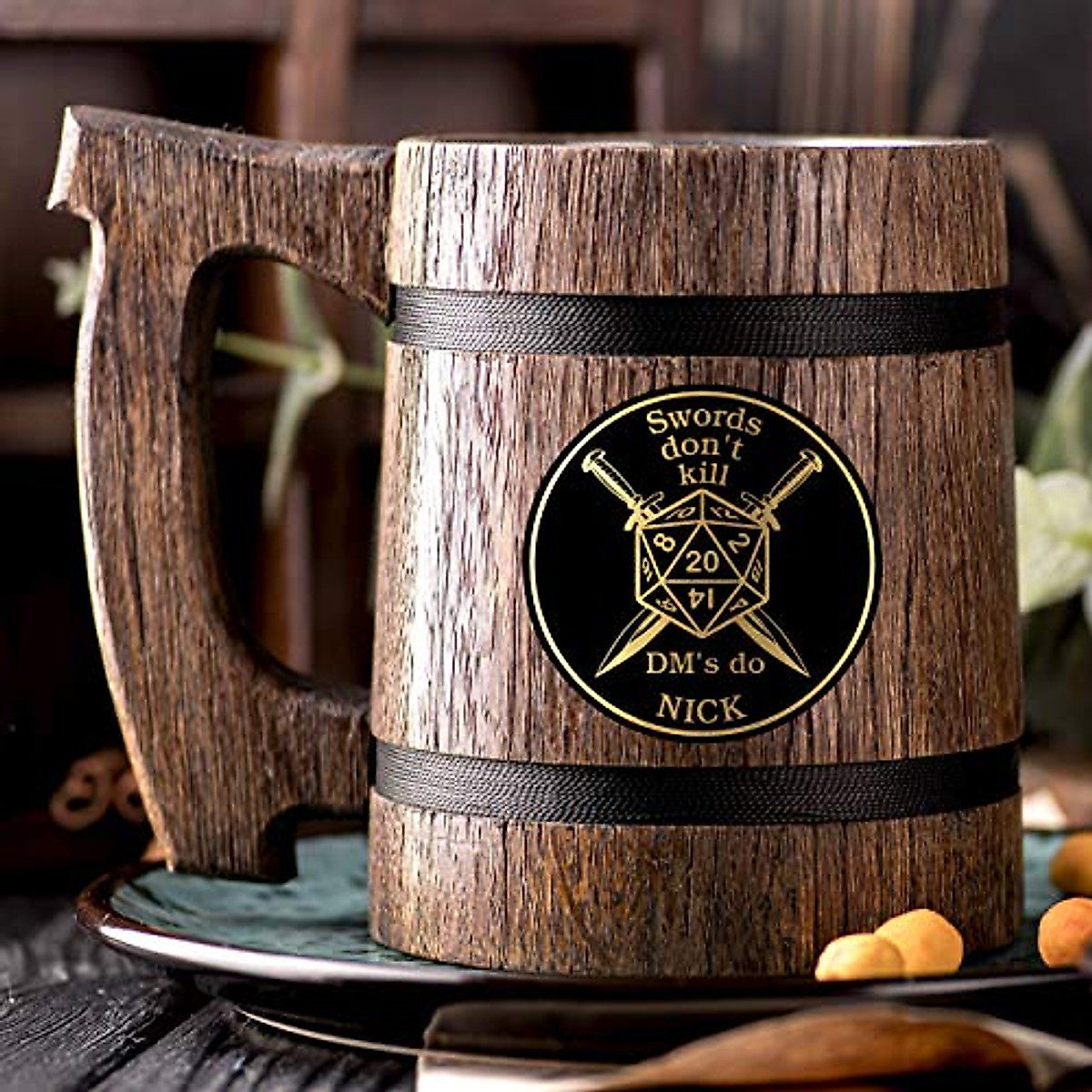 Swords don't kill DM's do Beer Mug. D20 Wooden Beer Mug. Dungeon and Dragons Mug. Dungeon Master Personalized Mug. D&D Gift. DnD Beer Stein. Gift for Men. Gamer Gift. Beer Tankard. Gift for Him K250