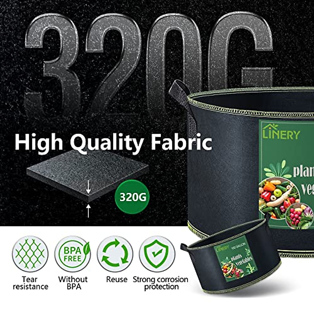 LINERY 1-Pack 50 Gallon Planting Bag Black Heavy Duty Thickened Large Capacity Upgrade Hemming Process Grow Bag with Handles Non-Woven Fabric Plant Pots (【1-50 G】)