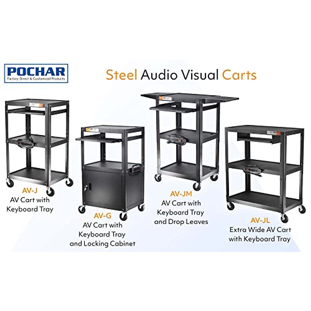 Steel AV Cart on Wheels - Rolling Projector Cart with Height Adjustable Shelf, Pullout Keyboard Tray, Power Strip, and Cord Management - Holds 300 lbs and Easy to Assemble (24'' x 18'' x 41'')