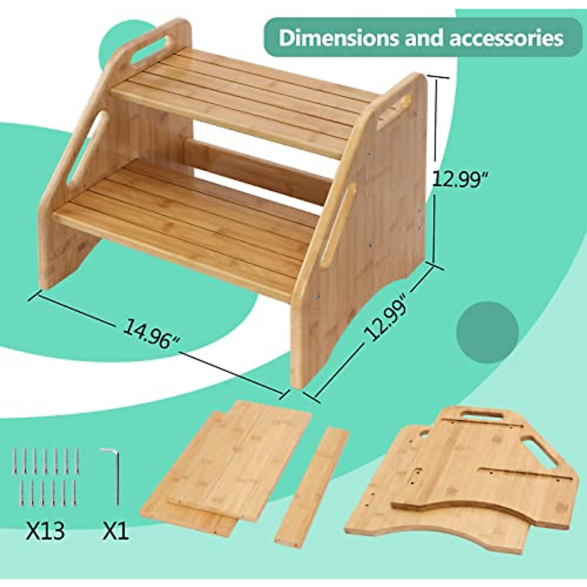 AMBIRD Wooden Step Stool, Two Step Stools Toddler 300 lbs Capacity with Safety Non-Slip Pads and Handles, Bamboo Step Stool for Bathroom, Kitchen Step Stools Dual Height Step Stools for Kids (Natural)