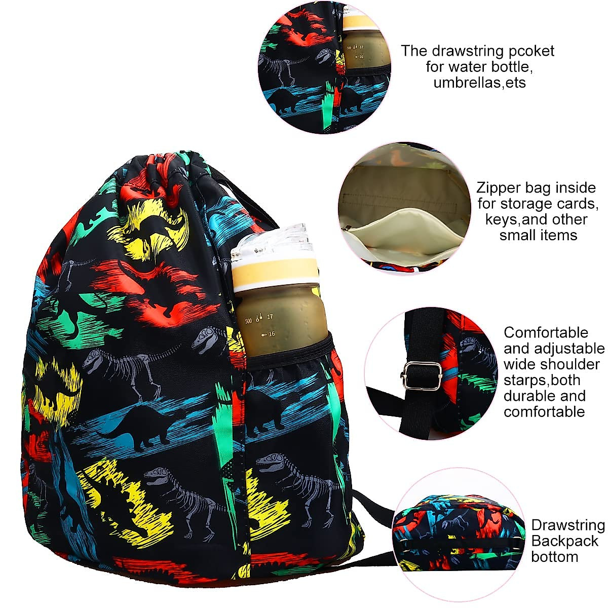 RHCPFOVR Drawstring Backpack for Kids - Dinosaur Bags for Girls Gym Dance Beach Swim Travel Bag With Two Water Bottle Holder