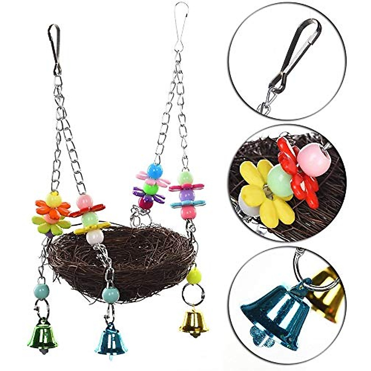 Bird Swing Nest Chew Toy with Bells Natural Rattan for Small Medium Parrots Parakeet Cockatiel Cockatoo African Grey Canary Conure Finch Lovebird Cage Accessories (S)