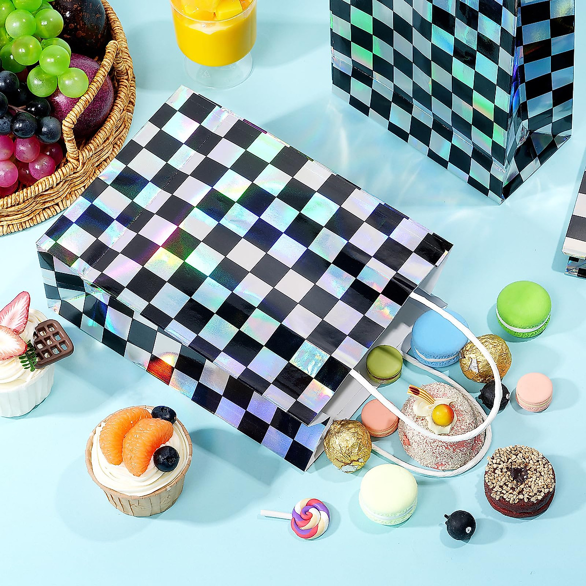 16Pcs Iridescent Checkered Race Car Party Favor Bags, Black and Iridescent Car Goodie Bags with Handles, Laser Plaid Kraft Paper Candy Gift Treat Bags for Kids Fast Race Car Birthday Party Decorations