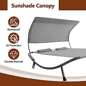 QZEN Double Chaise Lounge Bed with Canopy & Headrest Pillow, Outdoor Patio Daybed with Wheelsfor Beach, Backyard, Lawn, Garden, Courtyard (Grey)