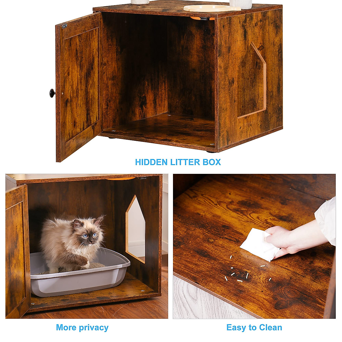 Hey-brother Cat Tree with Litter Box Enclosure, All-in-one Cat Tower for Indoor Cats with Large Hammock, Bed, Food Station, Scratching Posts, Modern Style Pet Furniture, Rustic Brown MPJ100SR