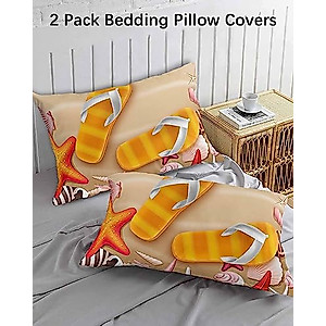 Edwiinsa Summer Beach Pillow Covers King Standard Set of 2 20x36 Bed Pillow, Tropical Ocean Conch Starfish Orange Slippers Plush Soft Comfort for Hair/Skin Cooling Pillowcases with Envelop Closure