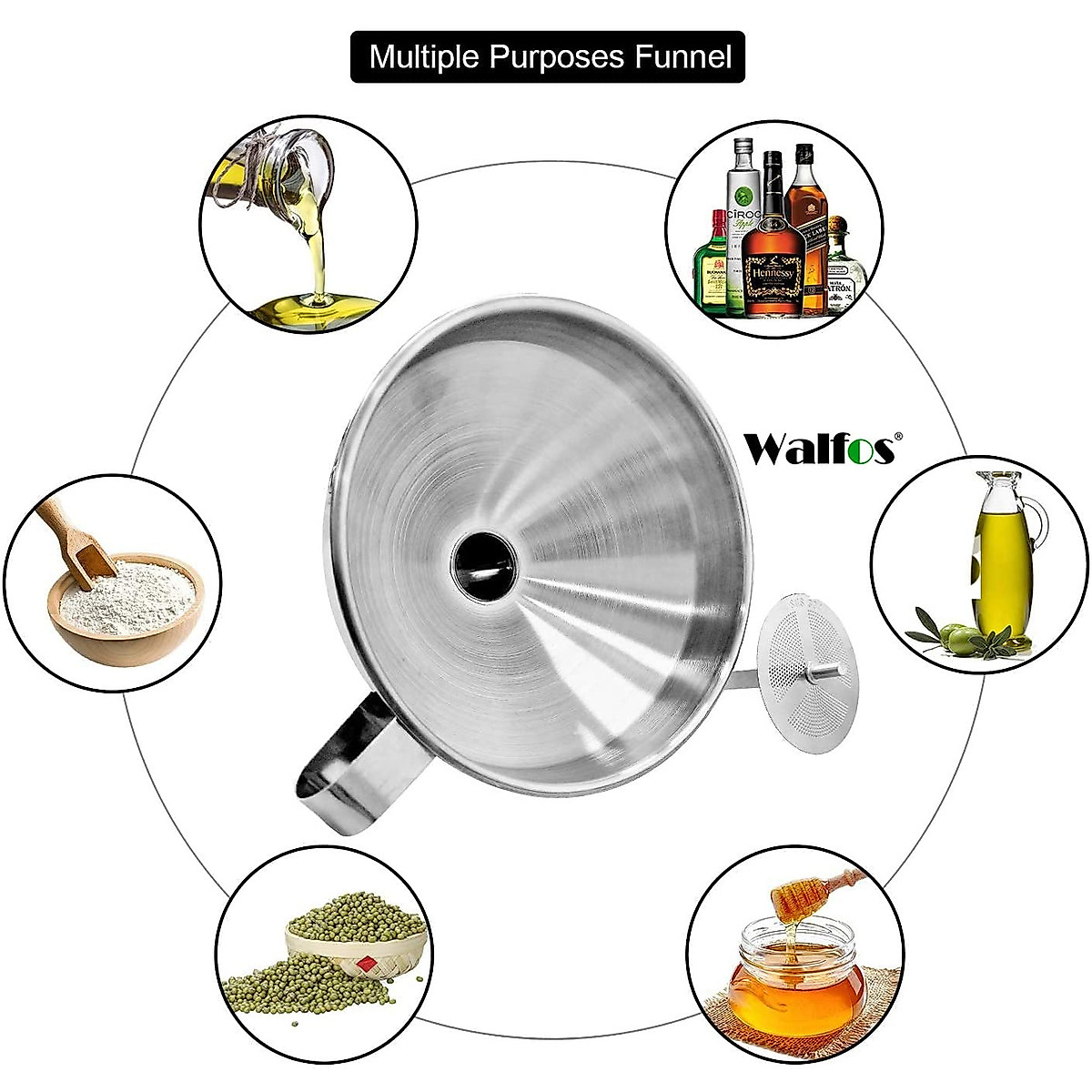 Stainless Steel Funnel, Walfos 3 Pack Kitchen Funnel with 2 Removable Strainer ＆ 1Pcs Cleaning Brush, Perfect for Transferring of Liquid, Oils, Jam, Dry Ingredients & Powder
