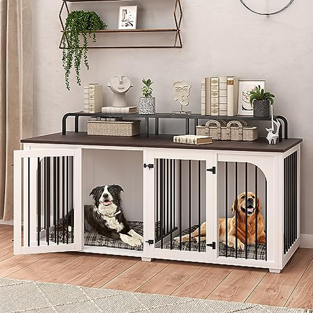 Large Dog Kennel Furniture for 2 Dogs,74.8'' XXL Wooden Double Dog Crates Cage Furniture Style with Divider for Large Breed with Storage Rack Shelf TV Stand Table Indoor,White