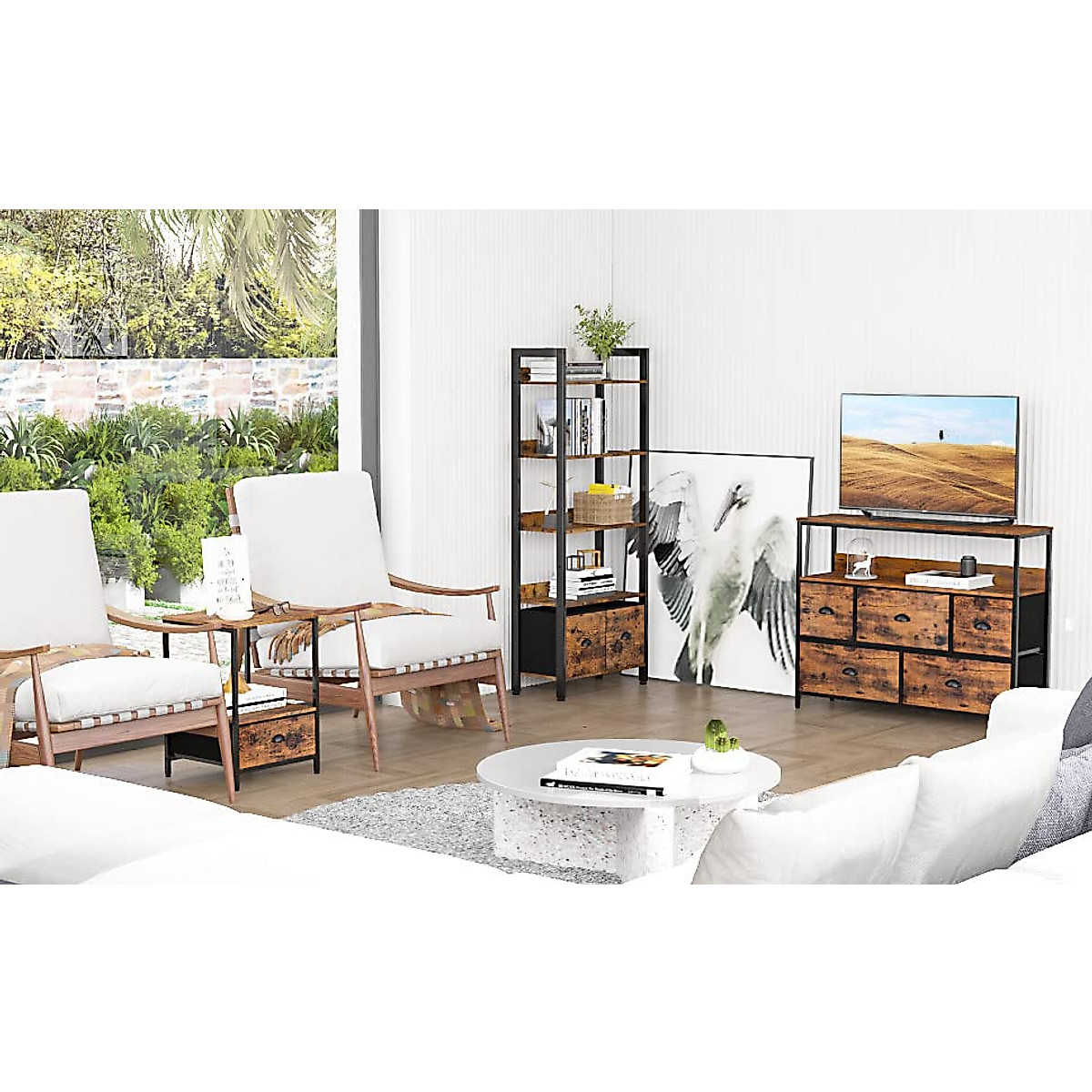 Furologee Set of 2 Nightstand with Drawer, End Table with Storage Shelf, Industrial Side Sofa Table, Bedside Accent Furniture Metal Frame Easy Assembly for Living Room/Bedroom/Hallway, Rustic Brown