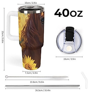 Brown Horse with Sunflowers Insulated Tumblers with Handle Stainless Steel Coffee Mug Funny Travel Cup with Lid Straw 40oz