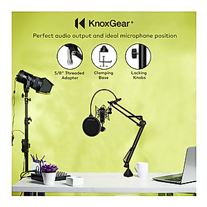 Knox Gear Boom Arm Microphone Stand for Podcasts, Studio Recording, Radio Broadcast, and Gaming, Microphone Desk Stand with 360-degree Rotation, Black Microphone Stand with 5/8-inch Screw Adapter