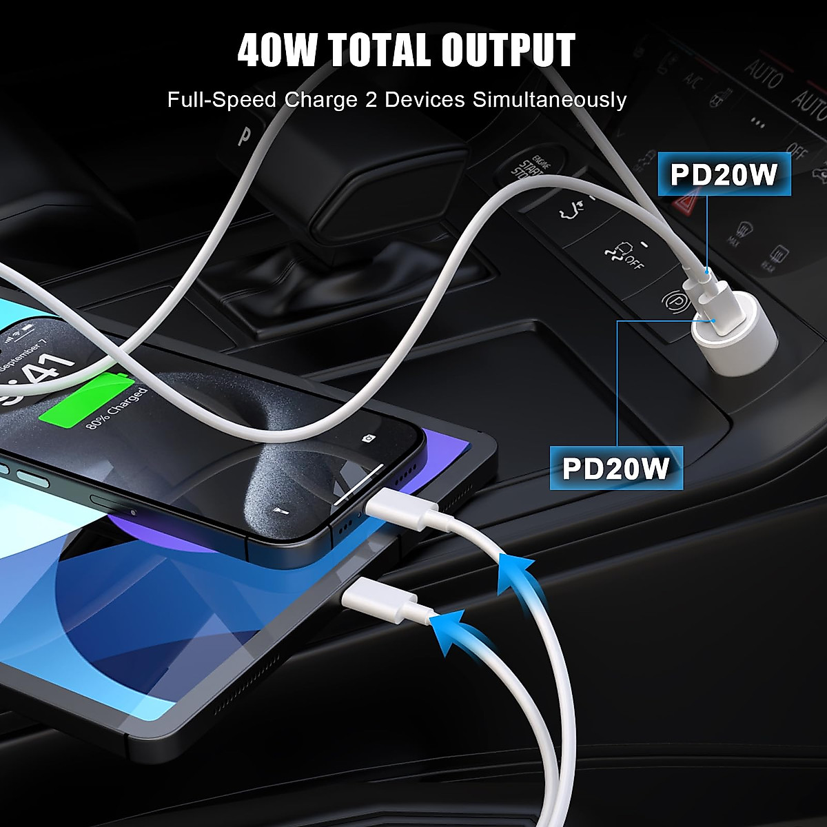 iPhone 15 Fast Car Charger, 40W Dual USB C iPhone Car Charger Fast Charging Adapter with 2 Pack USB C to USB C Cable for iPhone 15/15 Plus/15 Pro/15 Pro Max, iPad Pro/Air/Mini,Galaxy S23/S22/S21 Ultra