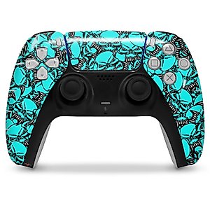 WraptorSkinz Skin Wrap compatible with Sony PS5 DualSense Controller Scattered Skulls Neon Teal (CONTROLLER NOT INCLUDED)