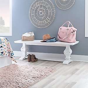 Linon Larson Solid Pine Wood Double Pedestal Dining Bench in Distressed White