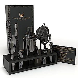 Highball & Chaser 13-Piece Cobbler Cocktail Shaker Set: Black Polished Stainless Steel Bartender Kit for Home Bar Cocktail Set | Laser Engraved Cocktail Tools | Plus E-Book with 30 Cocktail Recipes