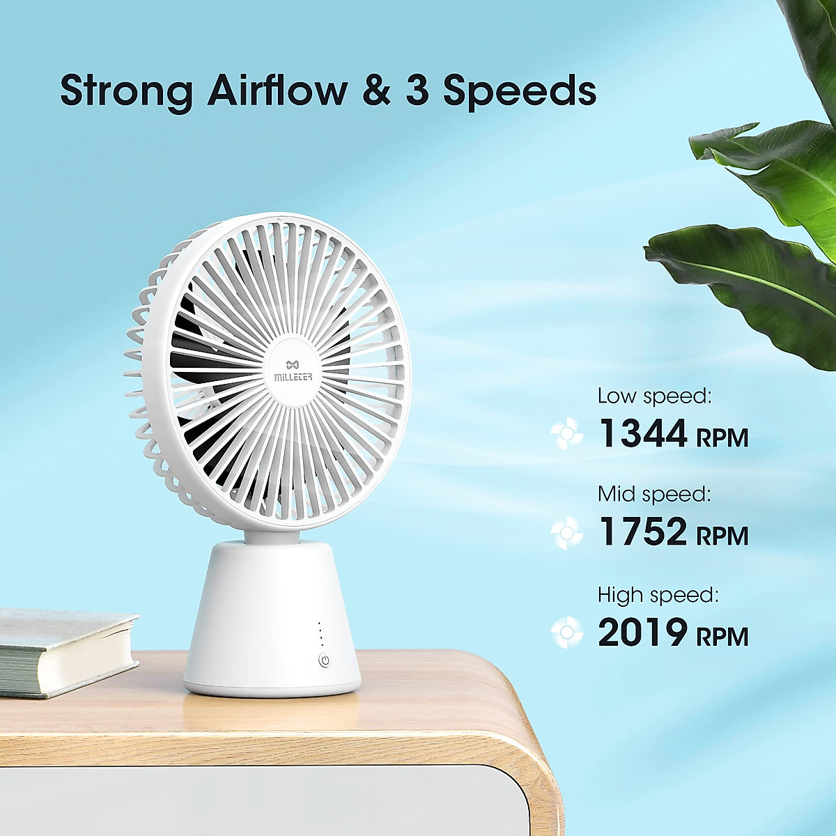MILLETER USB Desk Fan, 3000mAh Rechargeable Oscillating Table Fan, 6.7 Inch Portable Desktop Fan with 3 Speeds Strong Airflow, Quiet Small Personal Fan for Home, Office, Dorm, Camping
