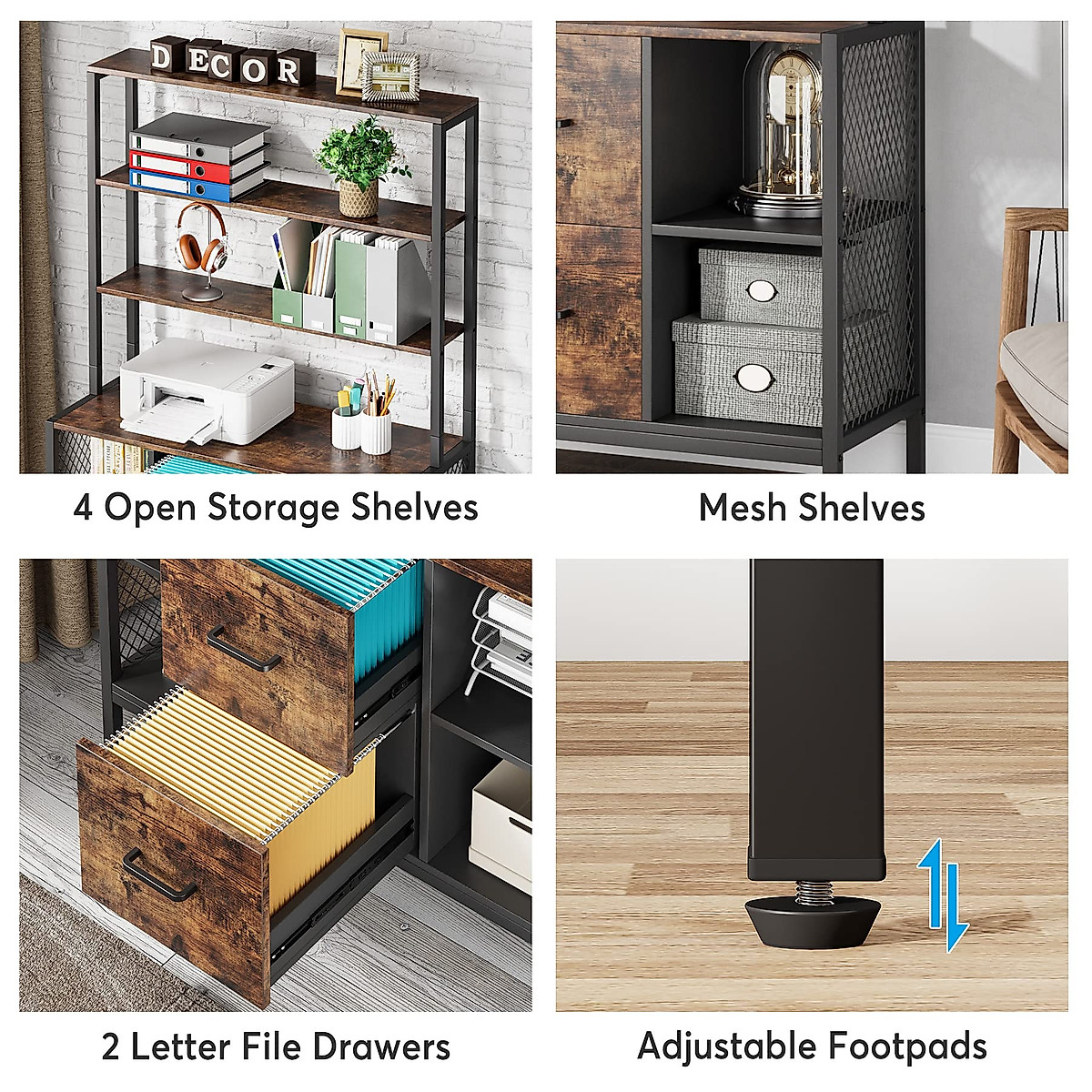 Tribesigns 2-Drawer File Cabinet for Letter Size, 6-Tier Vertical Filing Cabinet with Bookshelf Tall, Large Industrial Printer Stand with Open Storage Shelves for Home Office, Rustic Brown