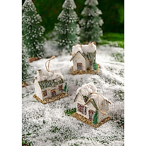 Nature Vibe Snow Village Houses Ornament with Warm Led Lights, Set of 3 Birch Log Cabin Christmas Tree Ornaments,Rustic House Figurines as Winter Wonderland Decorations