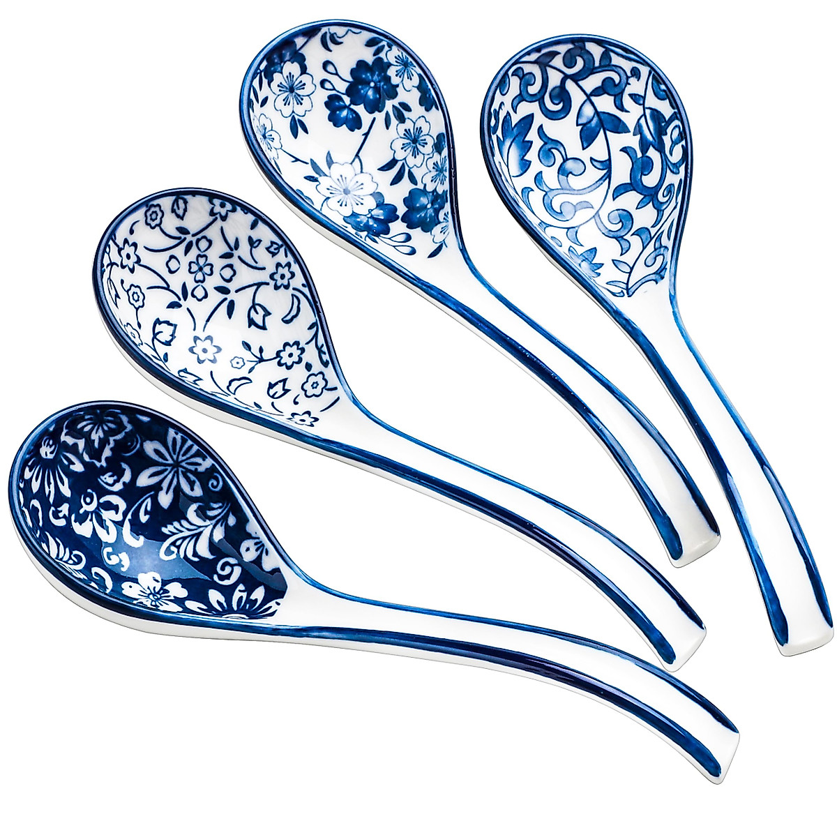 Soup Spoons Ceramic Asian Soup Spoons Sets of 4 Long Handle Japanese Soup Spoons Deep Blue Porcelain Ramen Spoons Pho Spoon (4PCS)