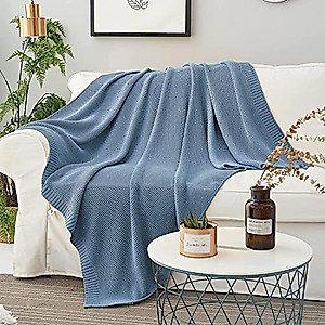 Queenshin 100% Cotton Cozy Cable Knit Throw, Lightweight Fluffy Snuggle Bed Sofa Decorative Knitted Blanket 50 * 60 Inch, Blue