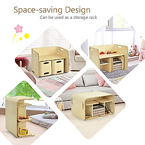 Costzon Kids Table and Chair Set, 4 in 1 Wood Activity Table, Bench, Storage Shelves, Desk for Children Reading, Arts, Crafts, Snack Time, Playroom, Fully Assembled, Toddler Table & Chair Set, Natural