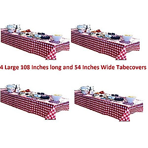Oojami Pack of 4 Plastic Red and White Checkered Tablecloths - 4 Pack - Picnic Table Covers