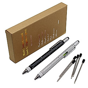 2PCS PACK 6 in 1 Screwdriver Tool Pen - Mini Multifunction Pen with Stylus, Flat and Phillips Screwdriver Bit, Bubble Level and inch cm Ruler all in one (Model B, BLACK & GREY)
